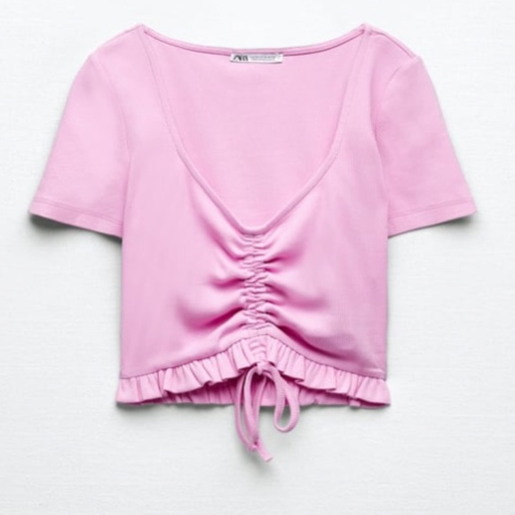 Zara | Tops | Zara Pink Gathered Top With Ruffle | Poshmark
